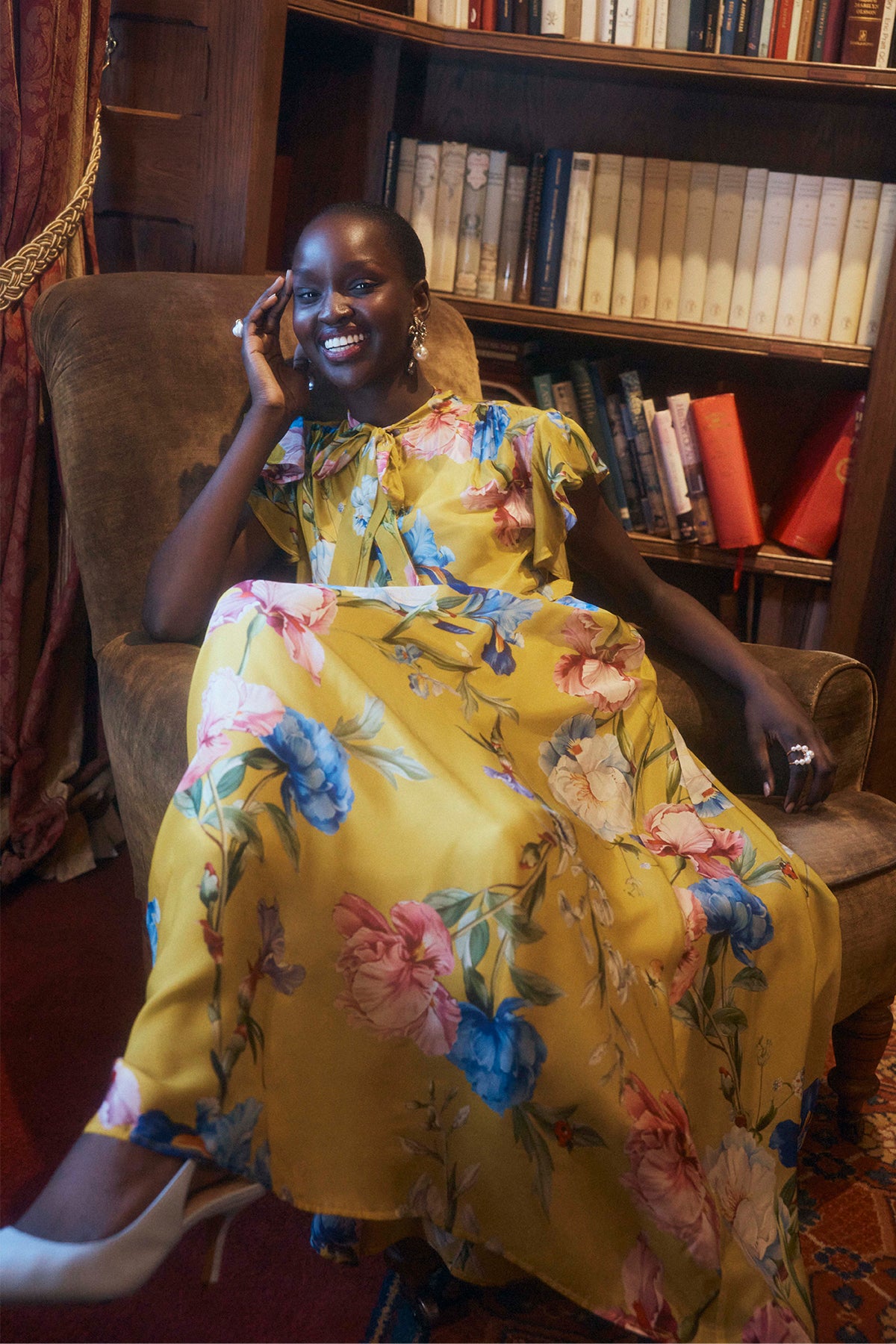 Grace Flutter Sleeve Midi Dress - Garden Print in Mustard – LEO LIN