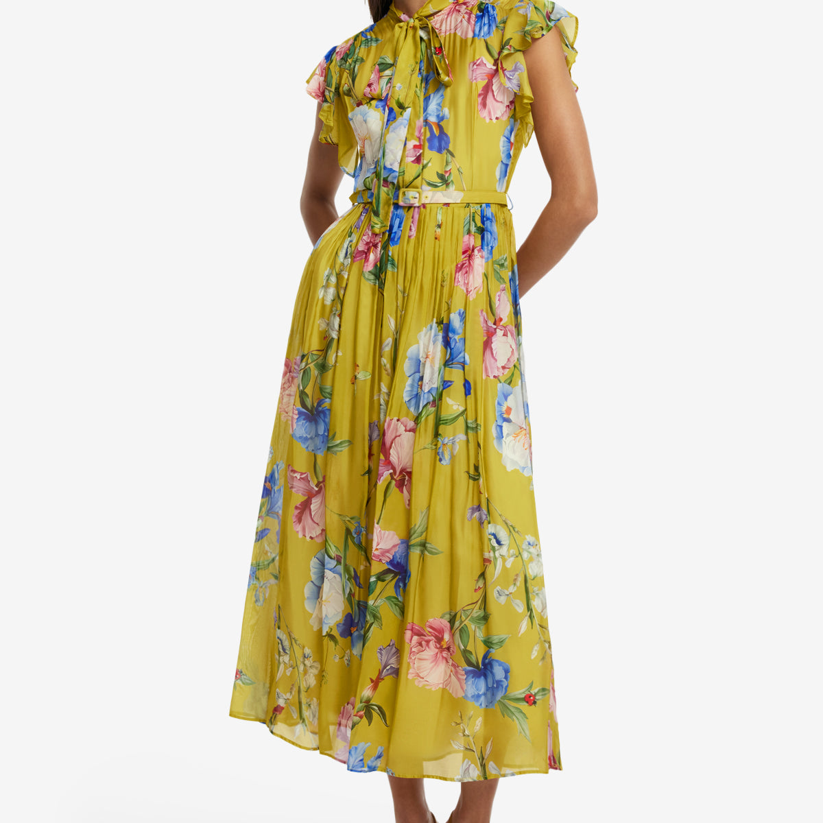 Grace Flutter Sleeve Midi Dress - Garden Print in Mustard – LEO LIN