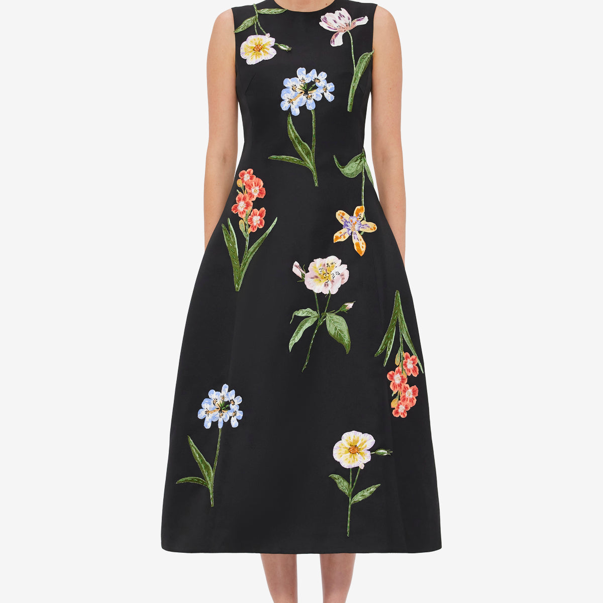 Cleo Embroidered Sleeveless Midi Dress - Botanical Print in Ebony – LEO LIN