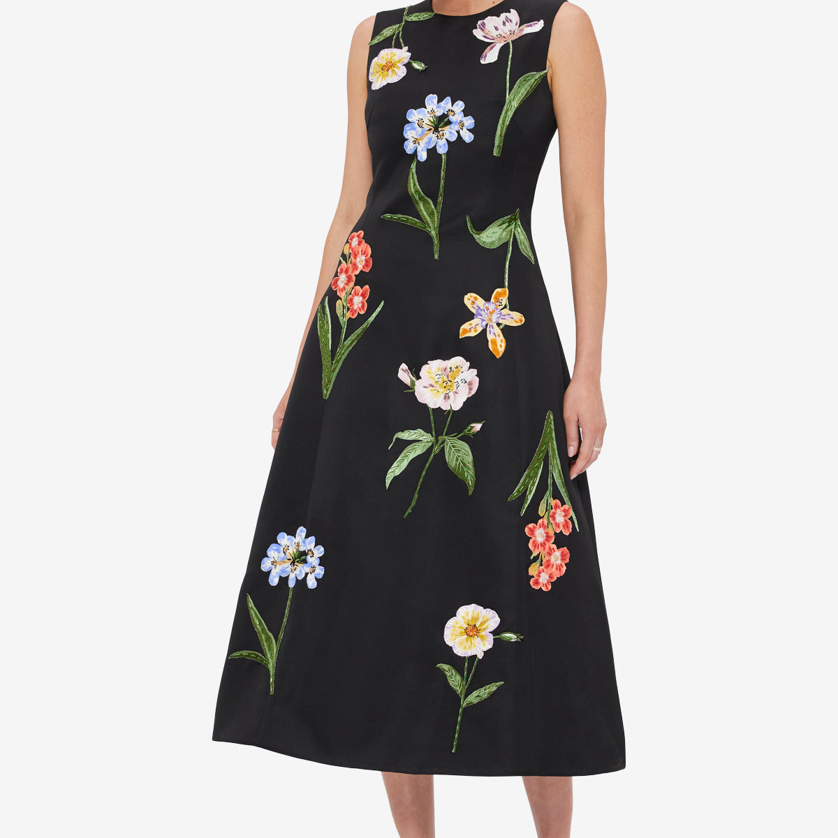 Cleo Embroidered Sleeveless Midi Dress - Botanical Print in Ebony – LEO LIN