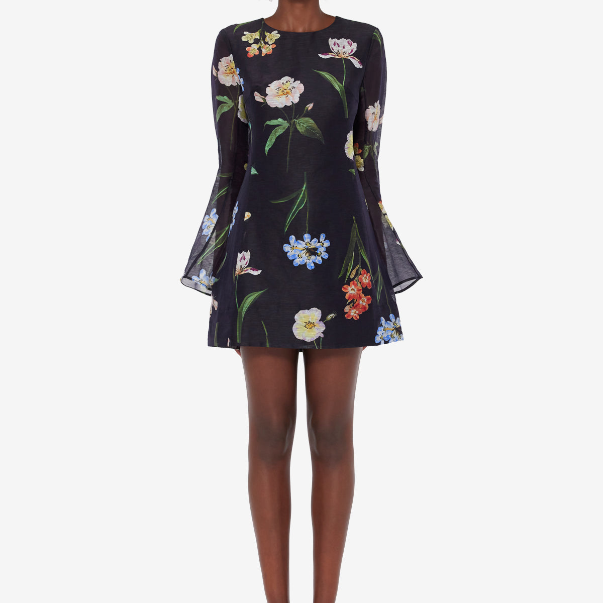 Suzanne Bell Sleeve Mini Dress - Botanical Print in Ebony – LEO LIN