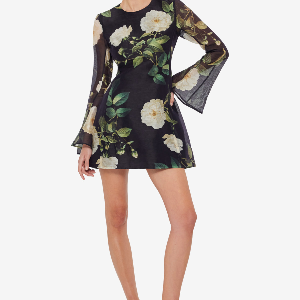 Suzanne Bell Sleeve Mini Dress - White Rose Print – LEO LIN