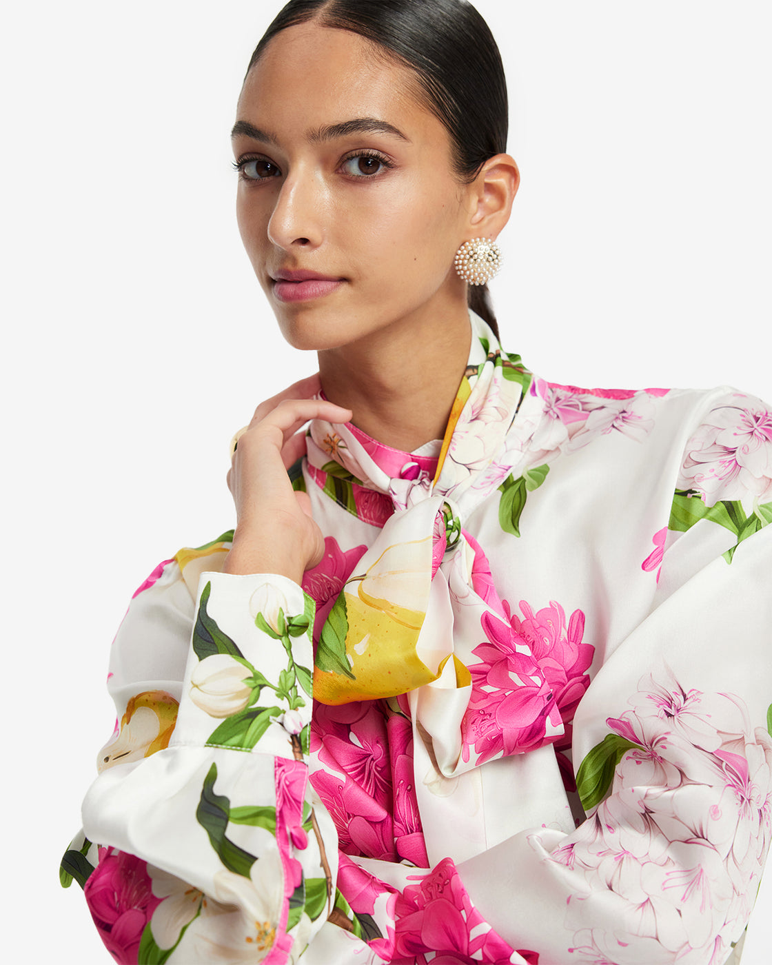 Freya Tie Neck Silk Blouse - Floral Pear Print – LEO LIN