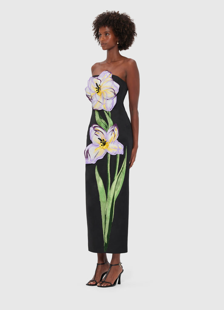 Rayna Appliqué Floral Maxi Dress - Iris Print in Ebony – LEO LIN