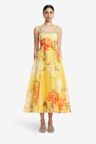 Mariela Embellished Midi Dress - Peony Print in Yellow – LEO LIN
