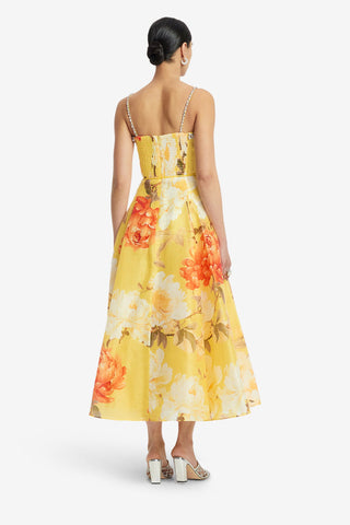 Mariela Embellished Midi Dress - Peony Print in Yellow – LEO LIN