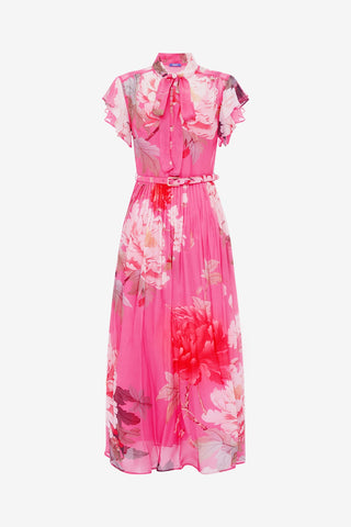 Grace Flutter Sleeve Midi Dress - Peony Print in Fuchsia – LEO LIN