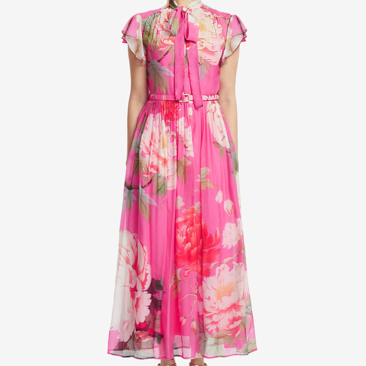 Grace Flutter Sleeve Midi Dress - Peony Print in Fuchsia – LEO LIN