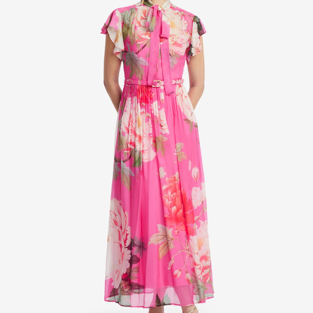 Grace Flutter Sleeve Midi Dress - Peony Print in Fuchsia – LEO LIN