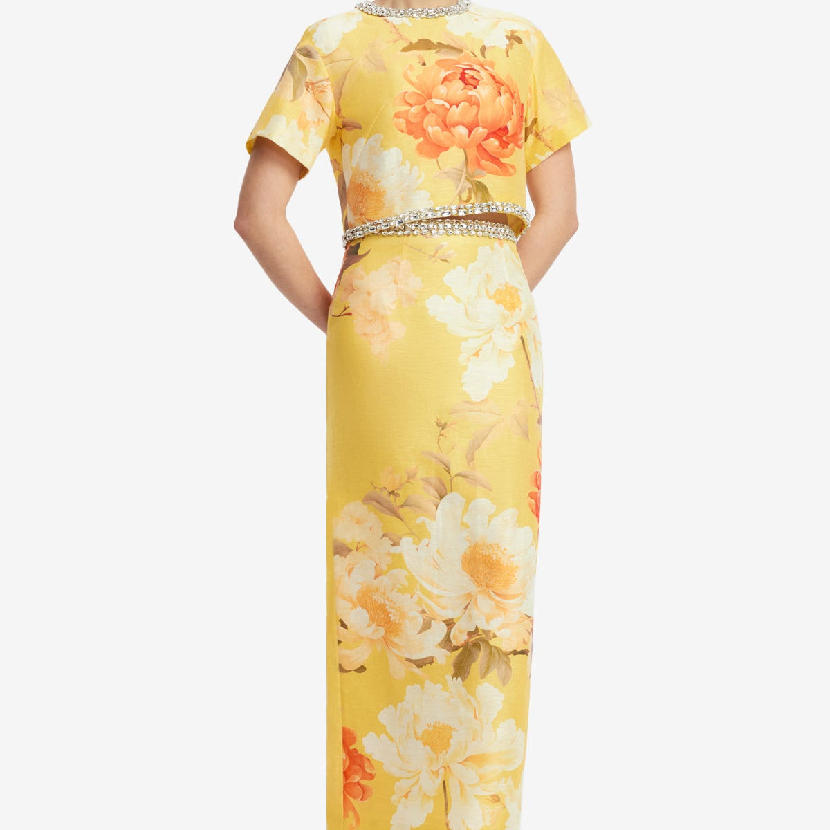 Kyra Embellished Maxi Skirt - Peony Print in Yellow – LEO LIN